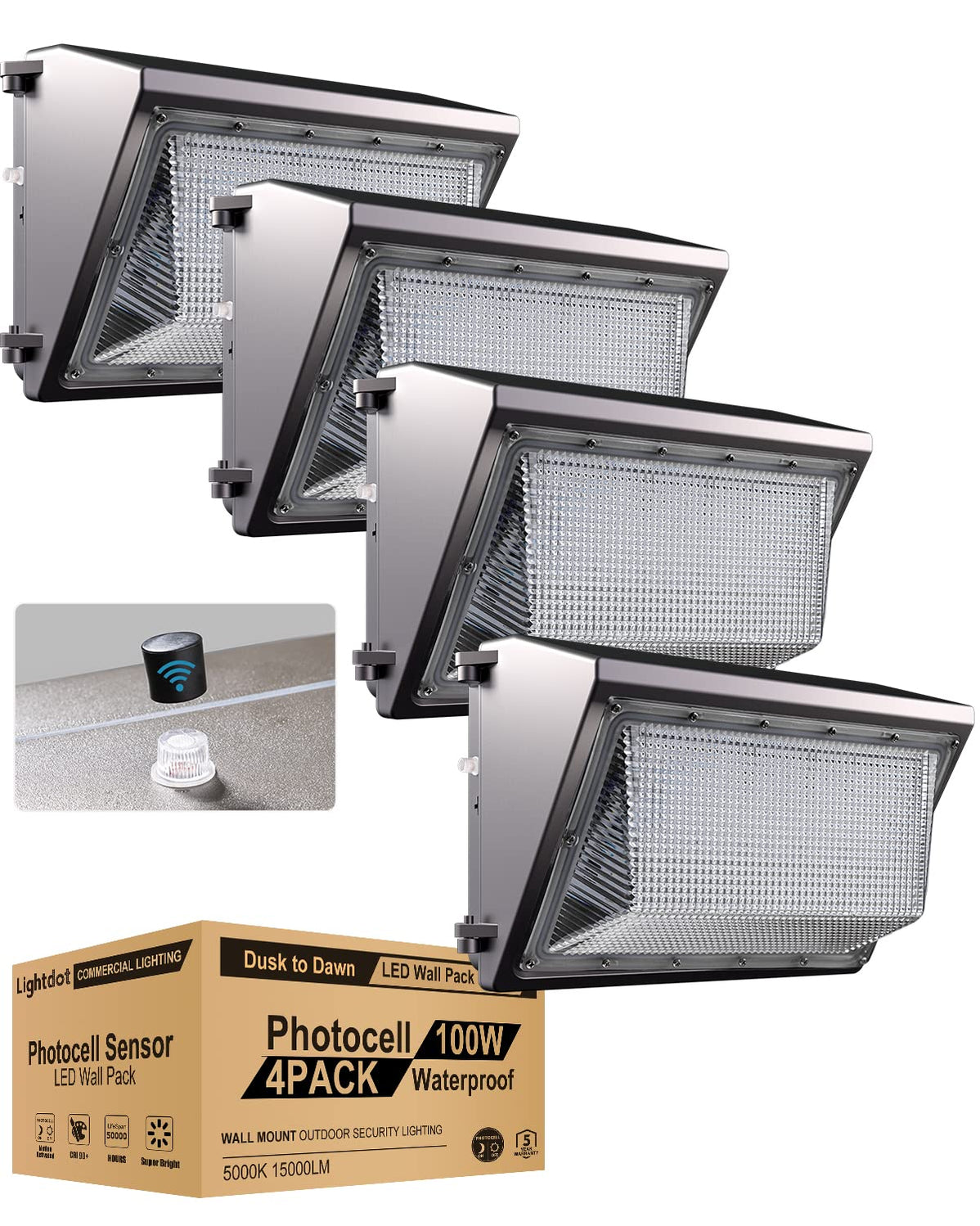 Lightdot 100W LED Wall Pack Lights with Dusk to Dawn Photocell Outdoor