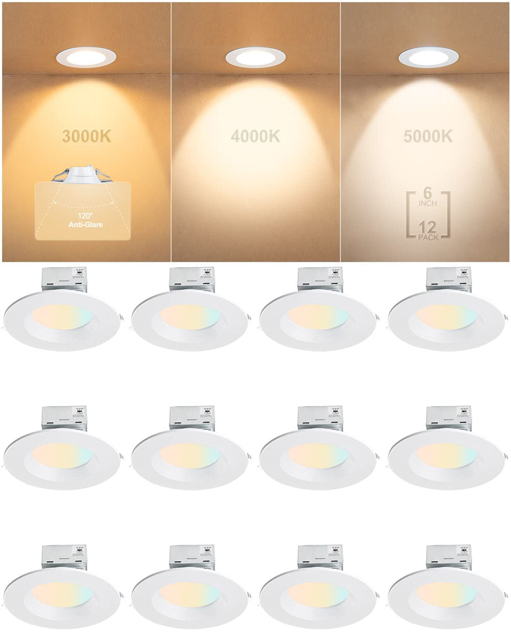 Lightdot 12 of Pack LED Recessed Lighting 6 inch 3000K/4000K/5000K LED